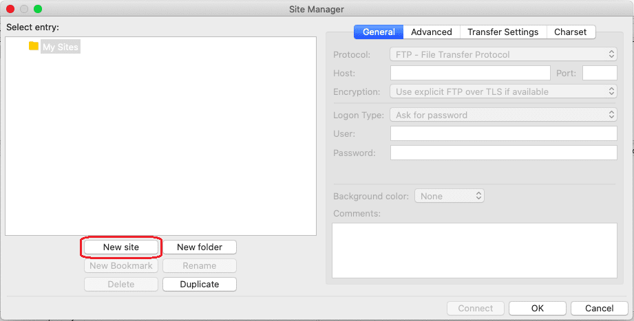 FileZilla Site manager new site
